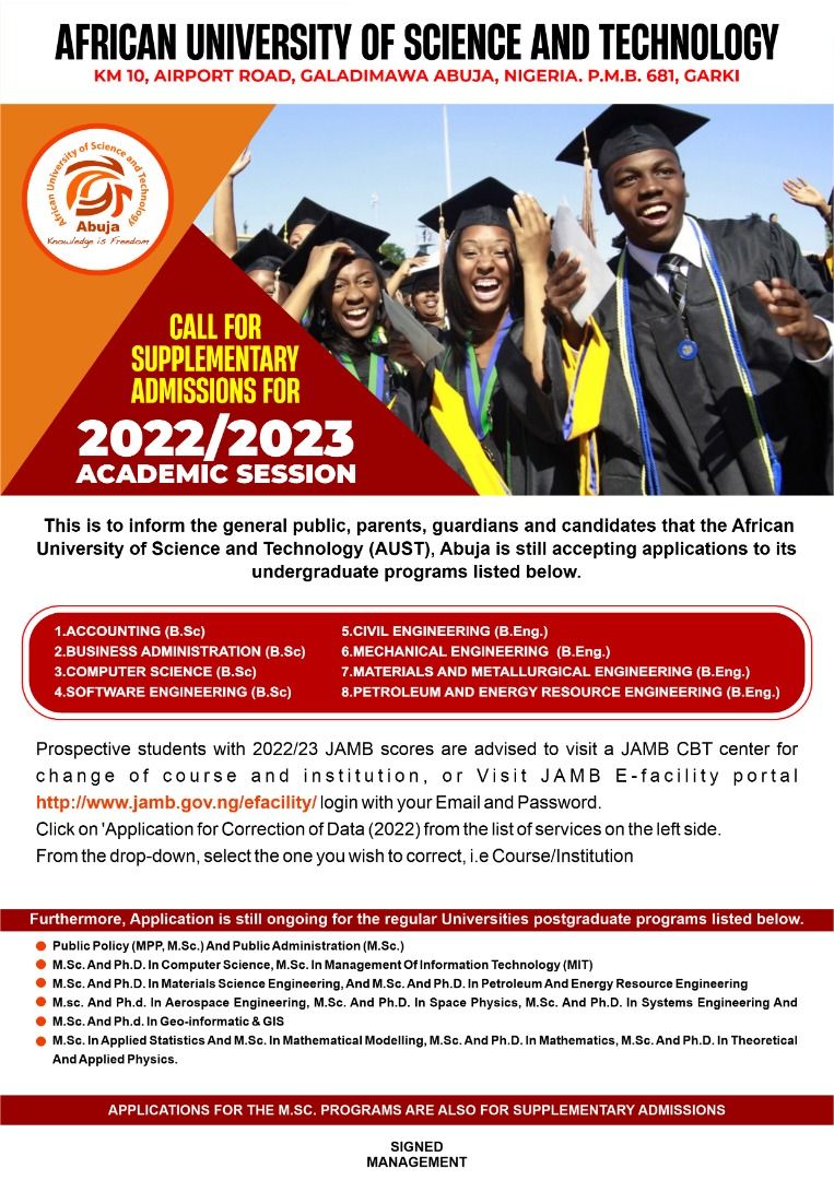 AUST CALLS FOR SUPPLEMENTARY ADMISSIONS FOR 2022/2023 ACADEMIC SESSION
